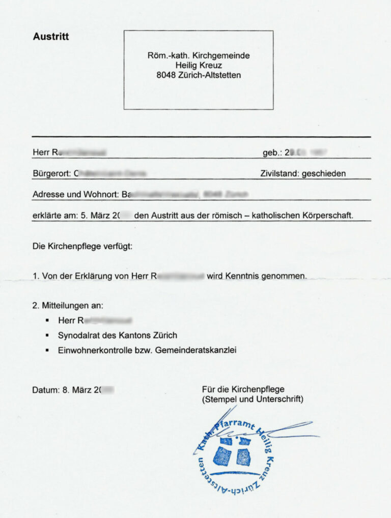 Kirchenaustritt: Austritts-Bestätigung Kirchgemeinde